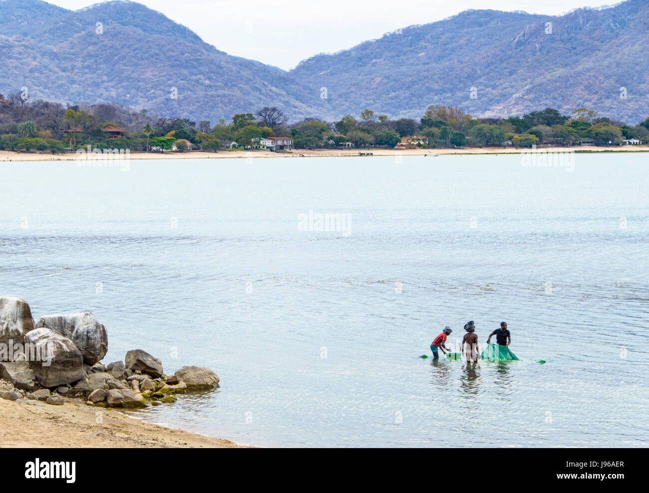 Young men using mosquito netting to catch fish at Monkey Bay, Lake ...