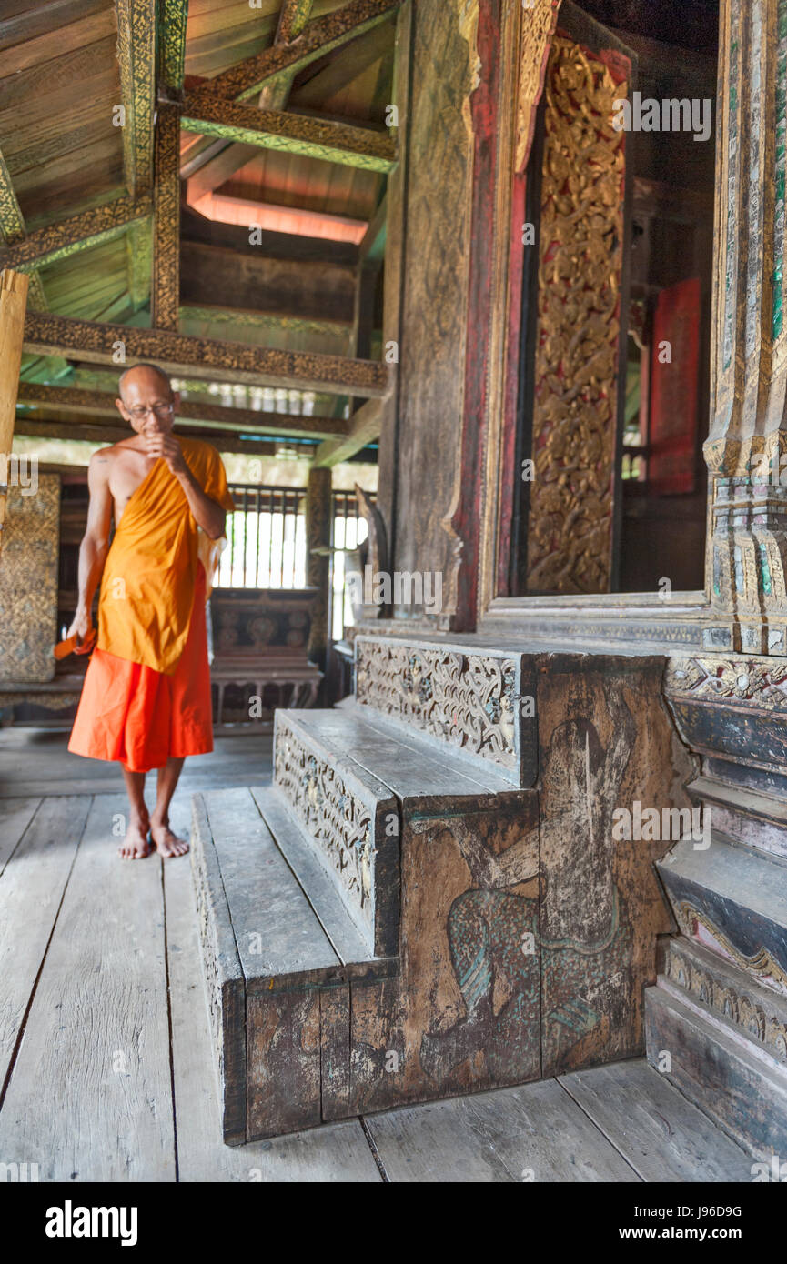 Ancient carved wooden stairs up to the main storage room where Pali ...