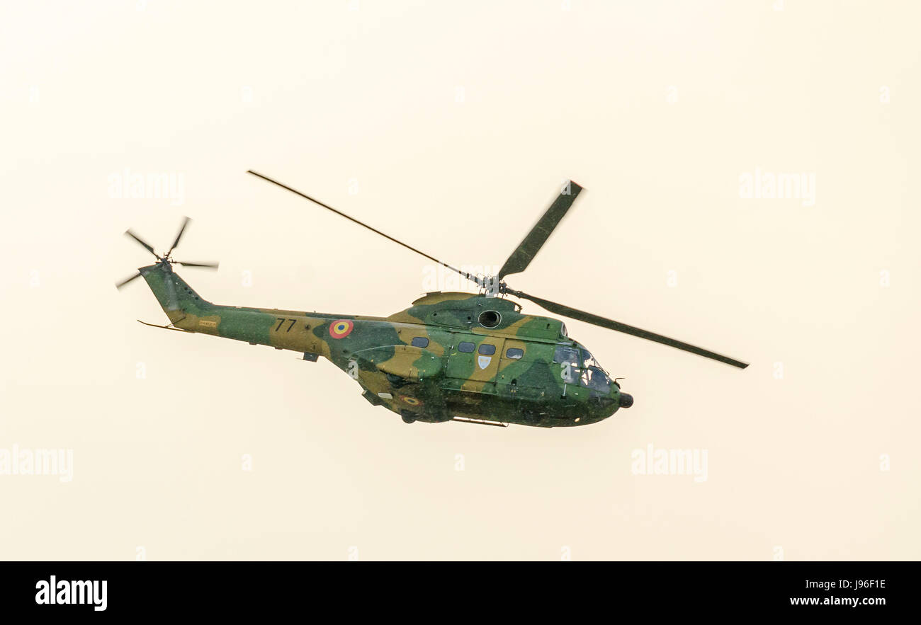 BUCHAREST, ROMANIA - JULY 30, 2016. IAR Puma elicopter flying in the ...