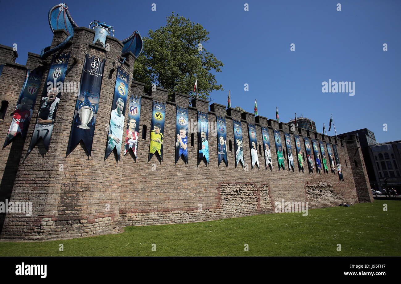 A blue dragon, the trophy and a series of UEFA banners draped outside ...