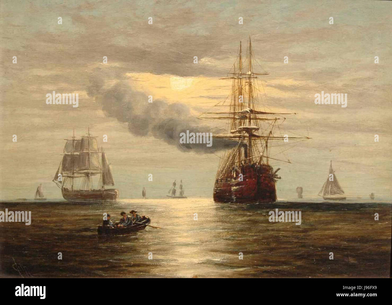 This image depicts a steam-powered sailing ship and other maritime ...