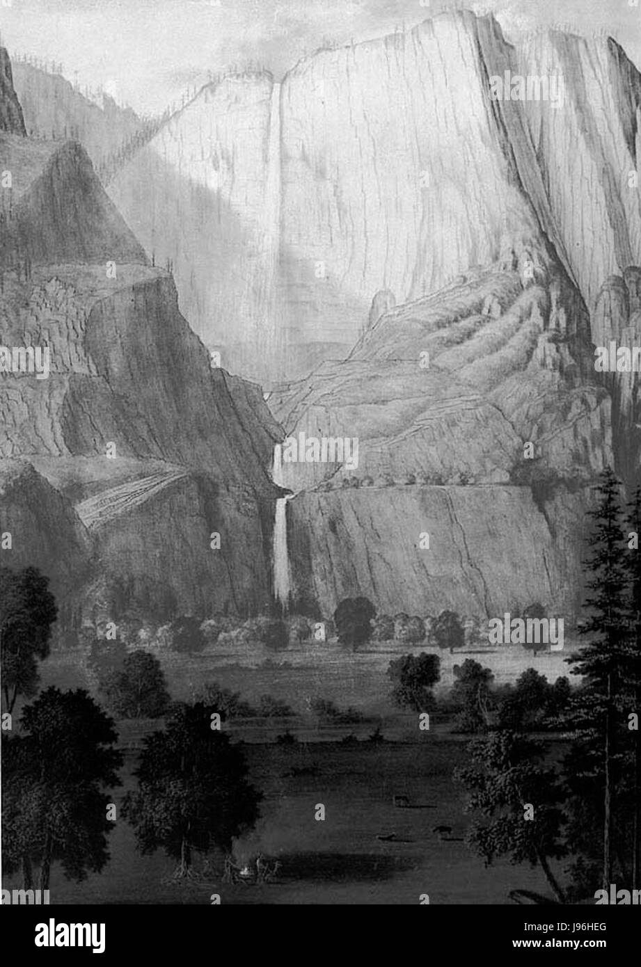 This is a depiction of Yosemite Falls, an iconic waterfall in Yosemite ...