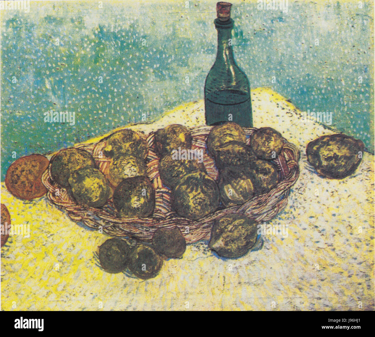 A still life painting by Vincent van Gogh featuring a bottle, lemons ...