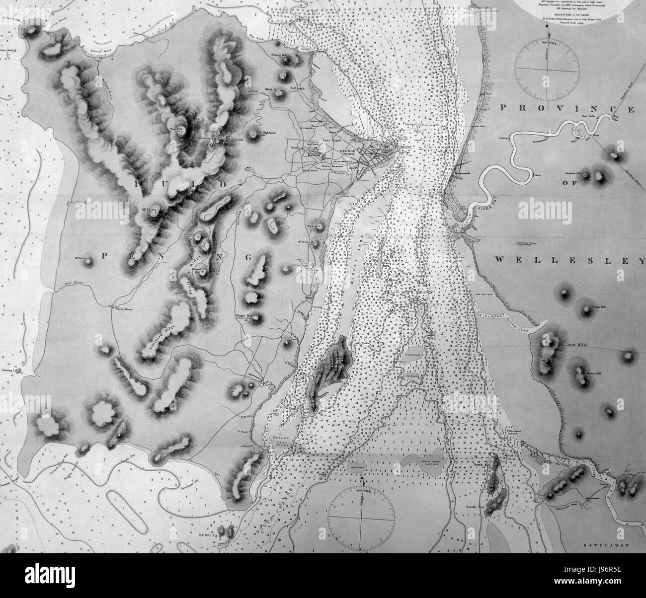 An 1884 map showing Penang Harbour, with the British ship HMS Magpie ...