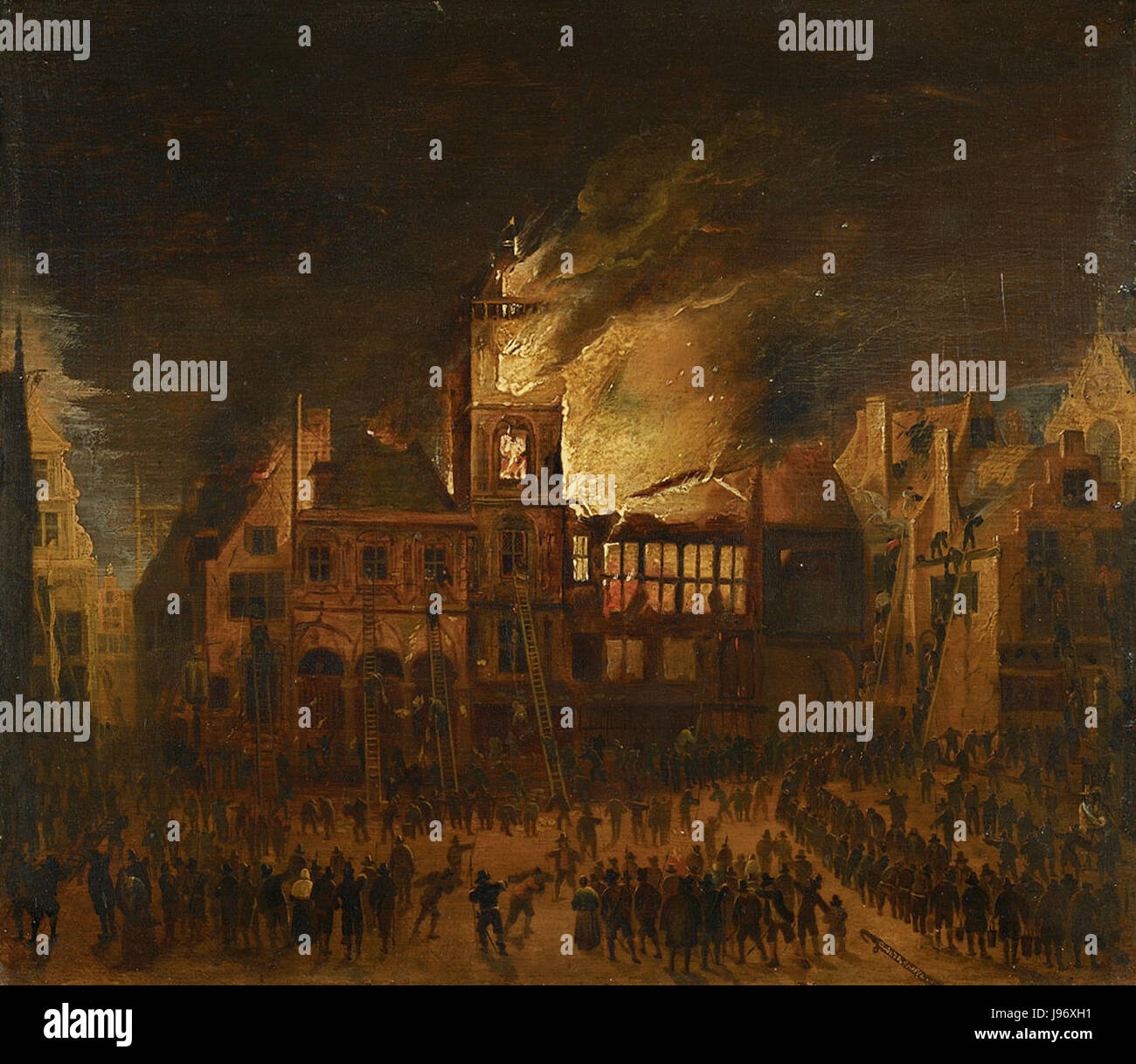 This historical painting titled *De brand van het oude stadhuis op de ...