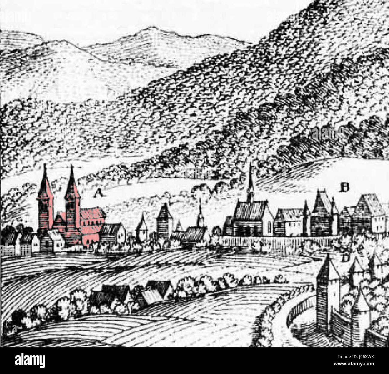 St. Paulin und St. Maximin (Stich von Merian) mit Stadtmauer Stock ...