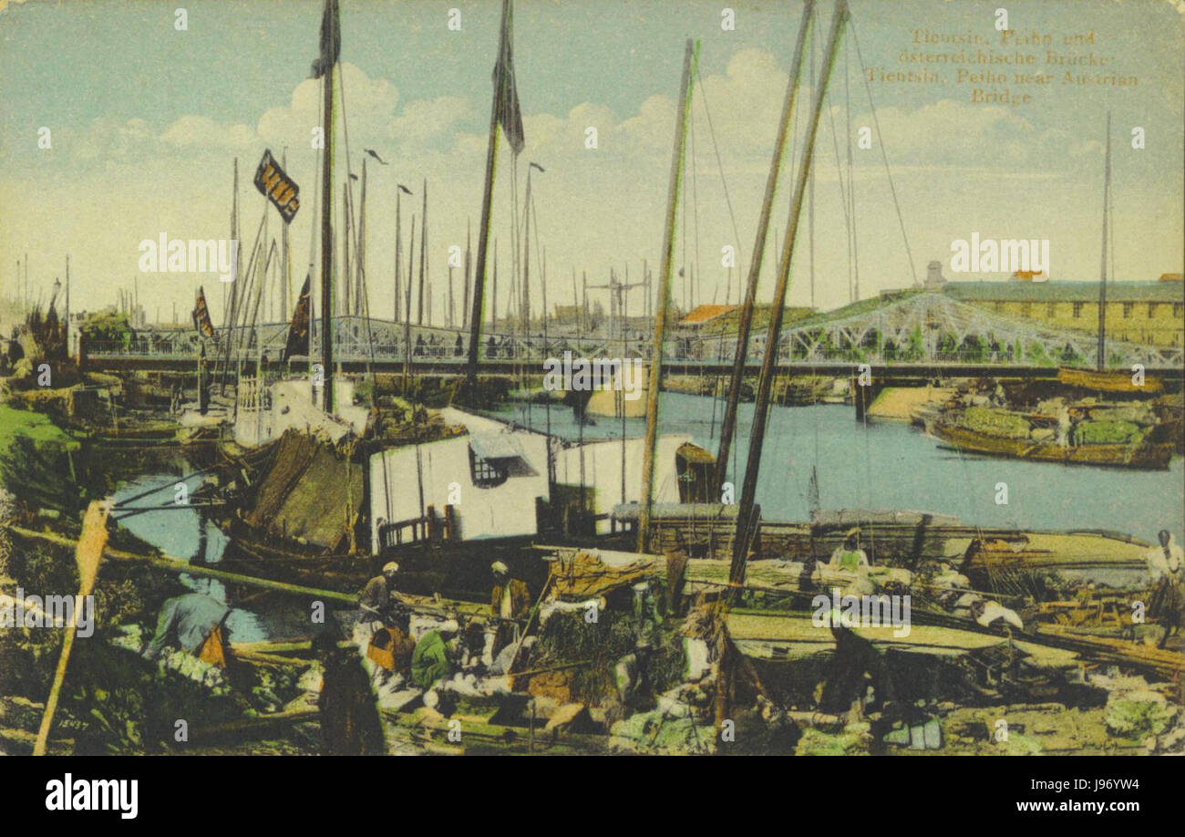 This historical image from around 1910 depicts the Peiho River in ...