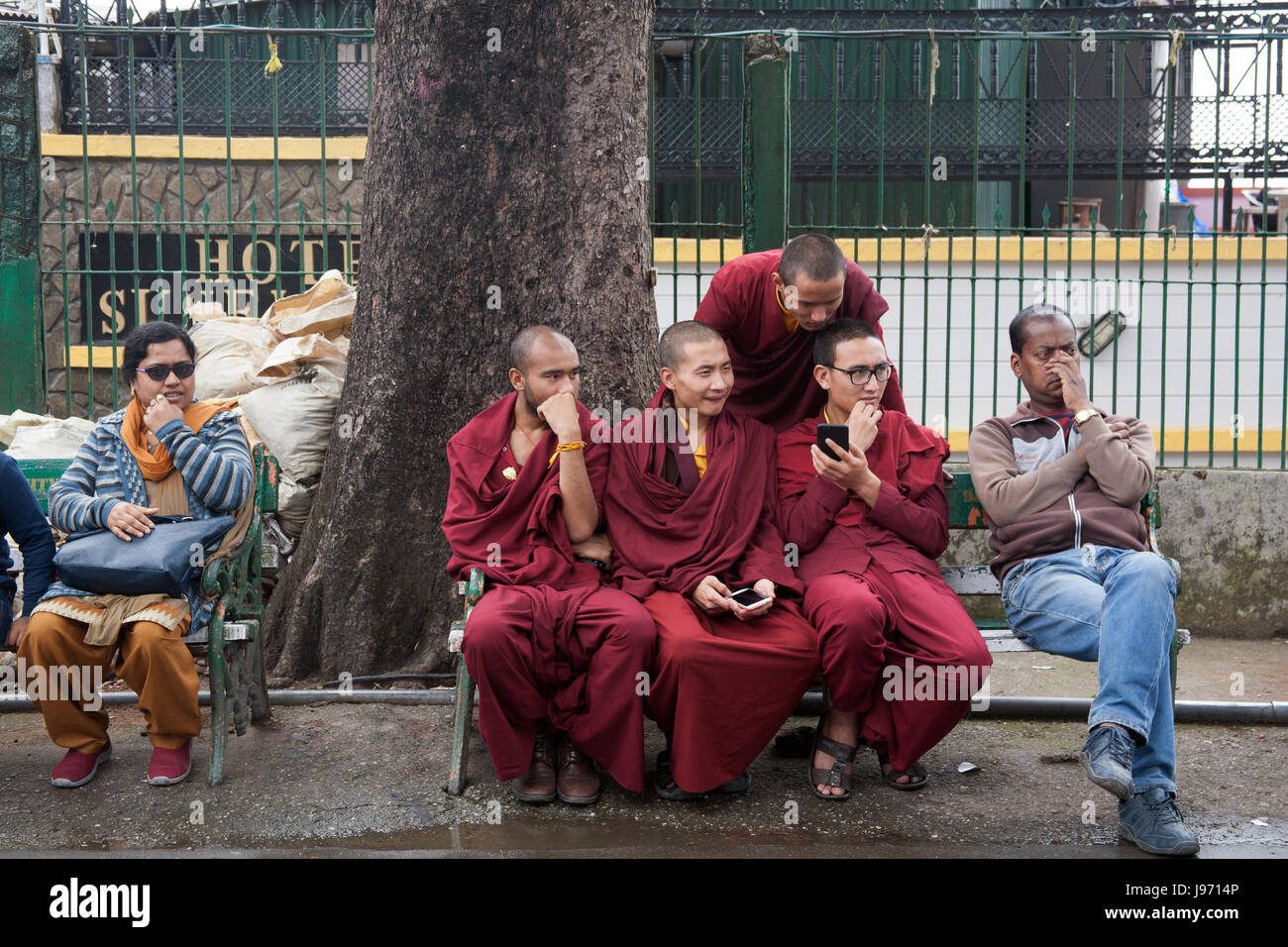 Group of monks on their mobiles sitting on a bench at the Chowrasta or ...