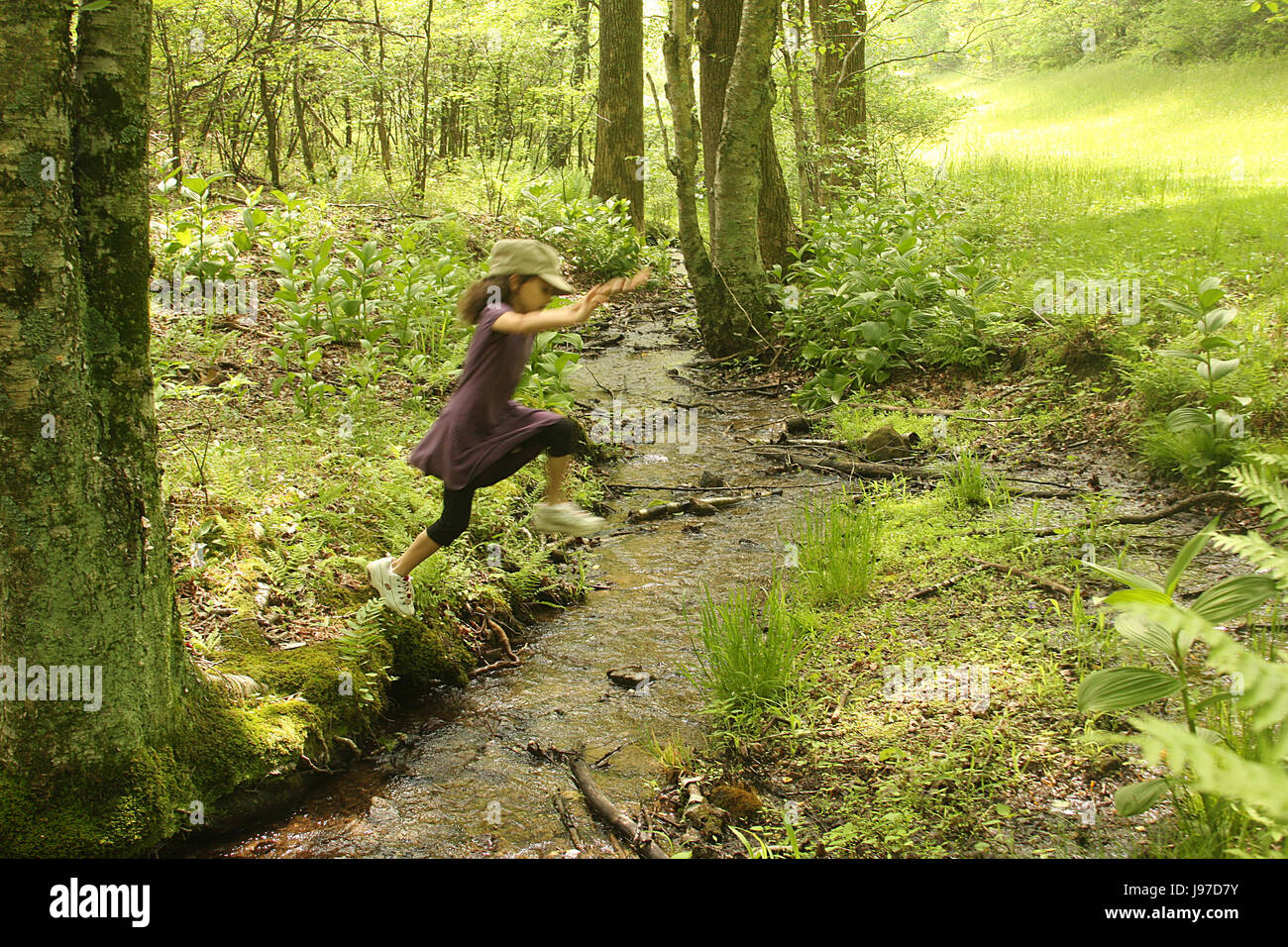 Little girl jumping over stream into the woods Stock Photo - Alamy