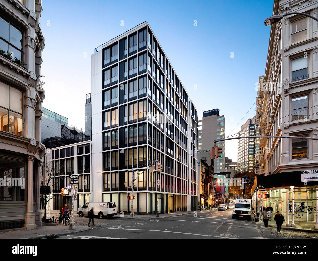 Contextual exterior corner view at dusk. 27 Wooster Street, New York ...