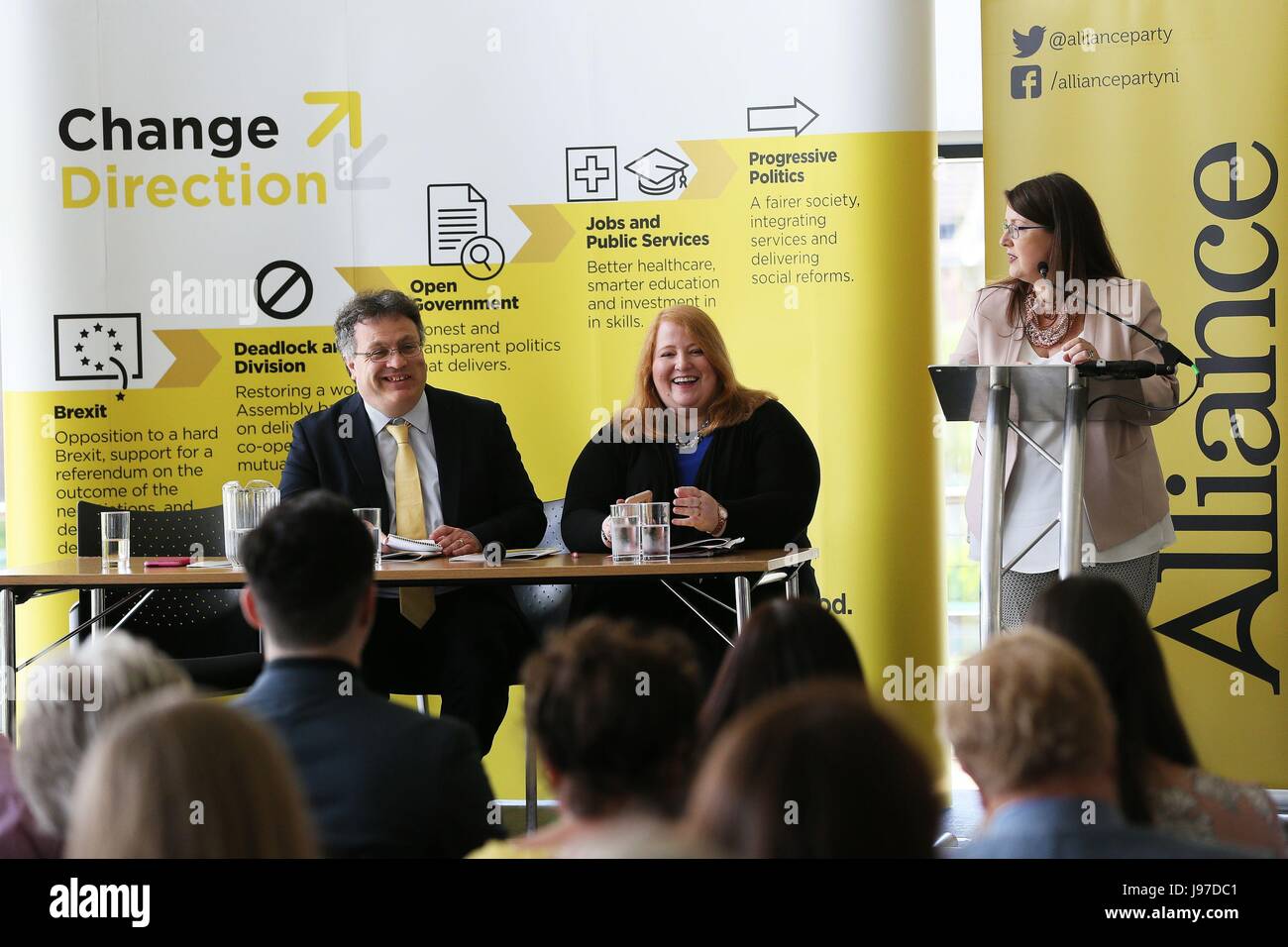 Party leader Naomi Long (centre) and deputy leader Stephen Farry at the ...