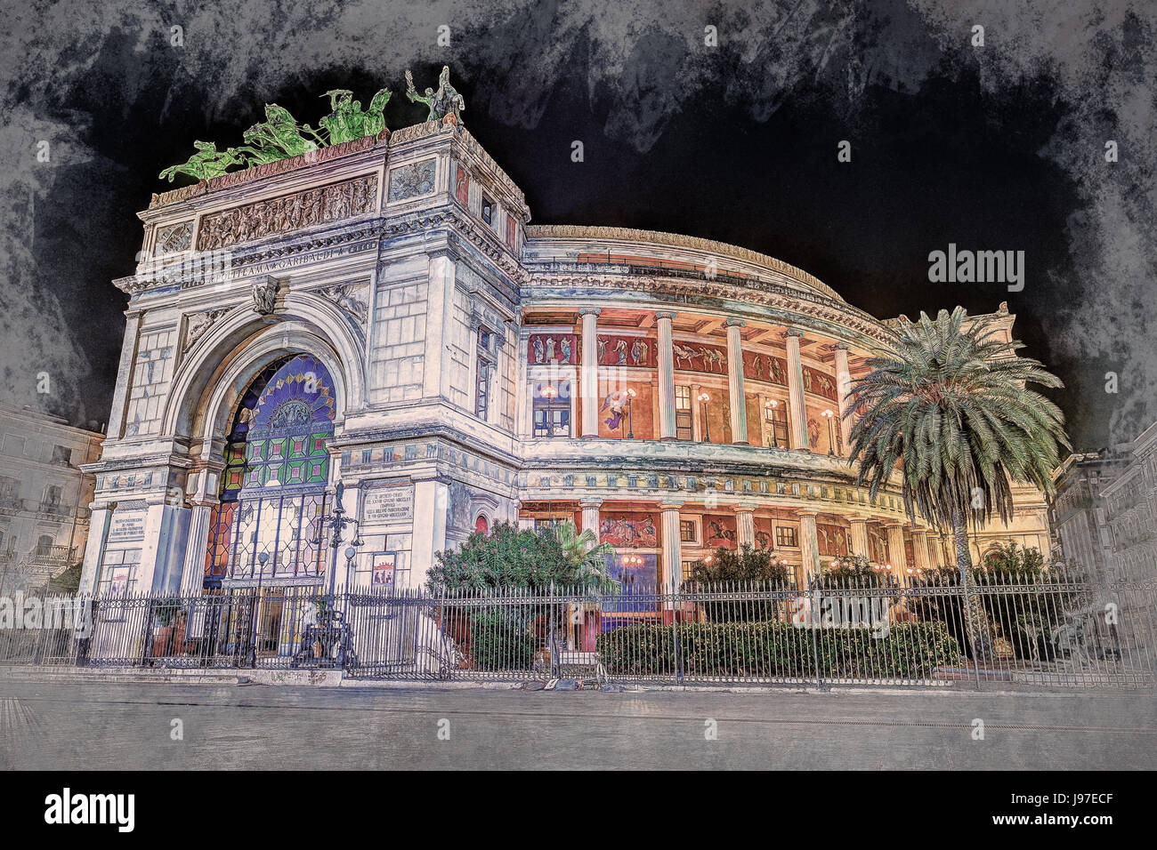 Night view of the Politeama Garibaldi theater in Palermo Stock Photo ...