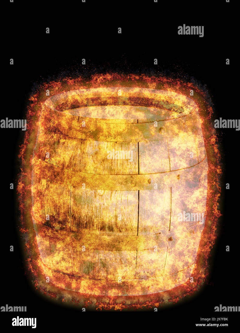 Burning wood barrel, bursted into flames, isolated against the black ...