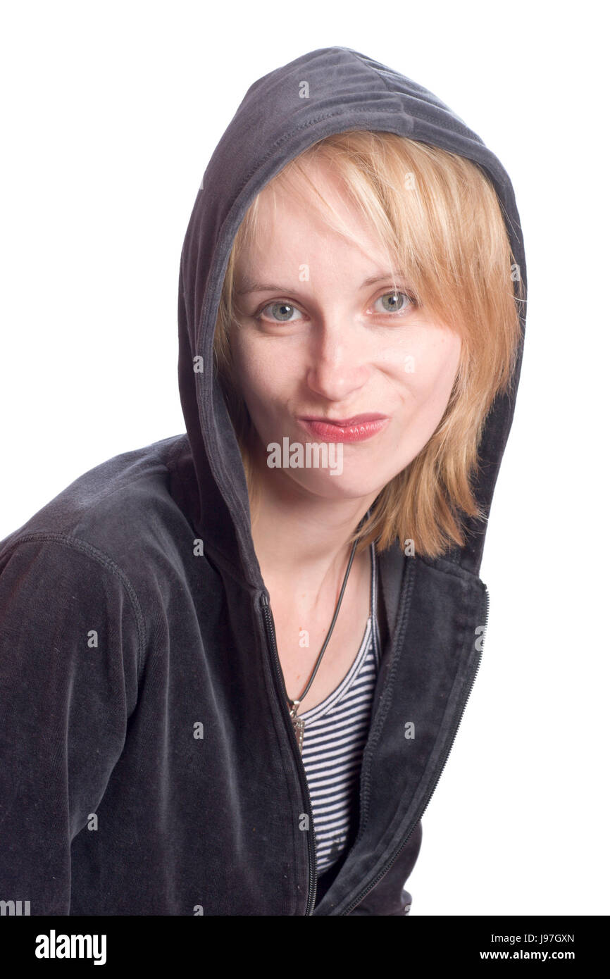 Hooded Female hooligan making face isolated on white Stock Photo - Alamy