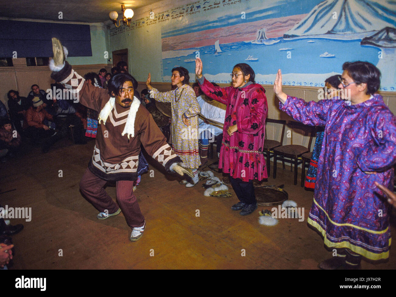 Traditional dancing at a community center at Yupik village of Uelen ...