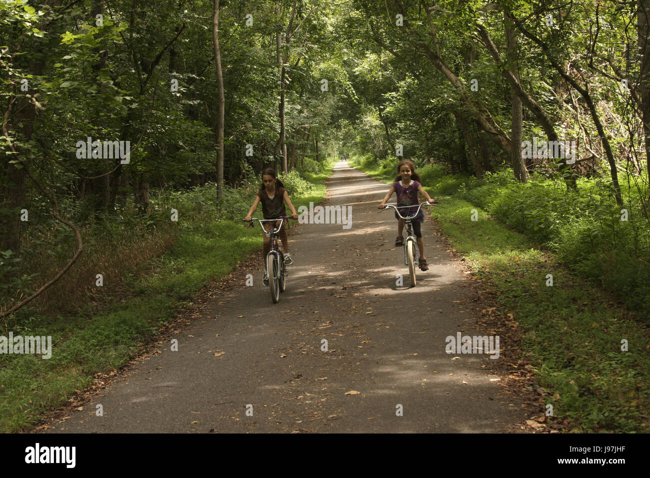 Two little girls riding bikes on park's trail Stock Photo - Alamy