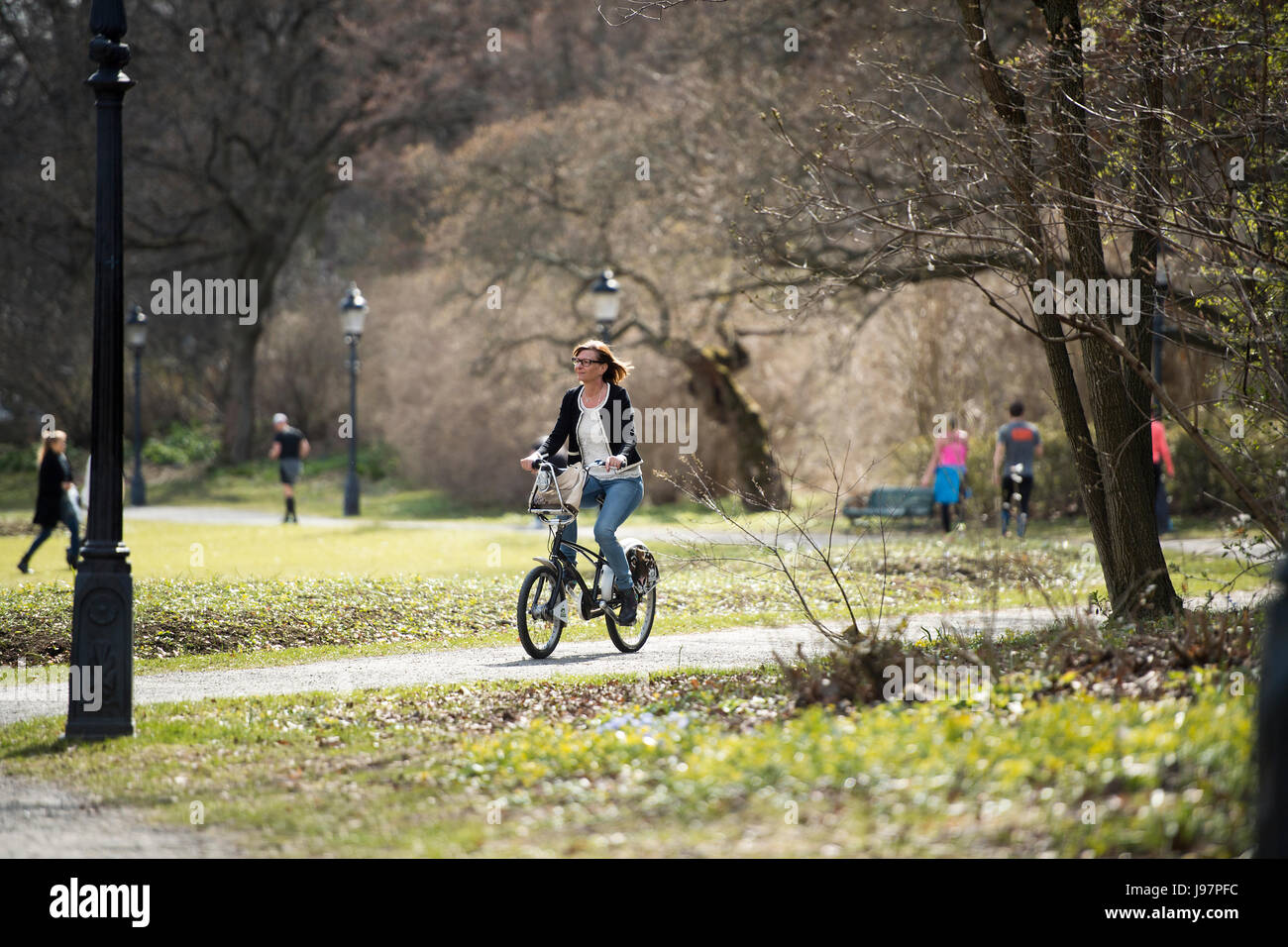 Woman biking in park Stock Photo - Alamy