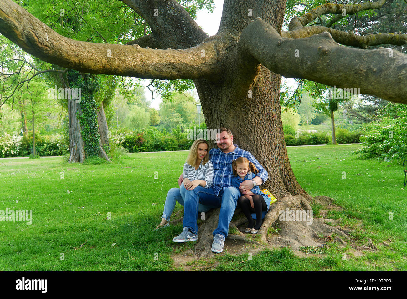 A family sitting under a tree Stock Photo - Alamy