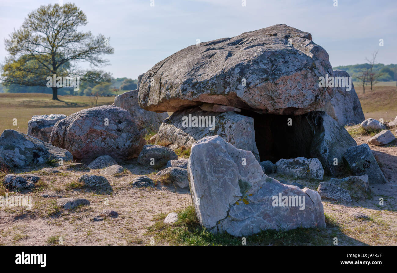 Megalithic grave chamber at Havang nature reserve in Sweden. Site is ...
