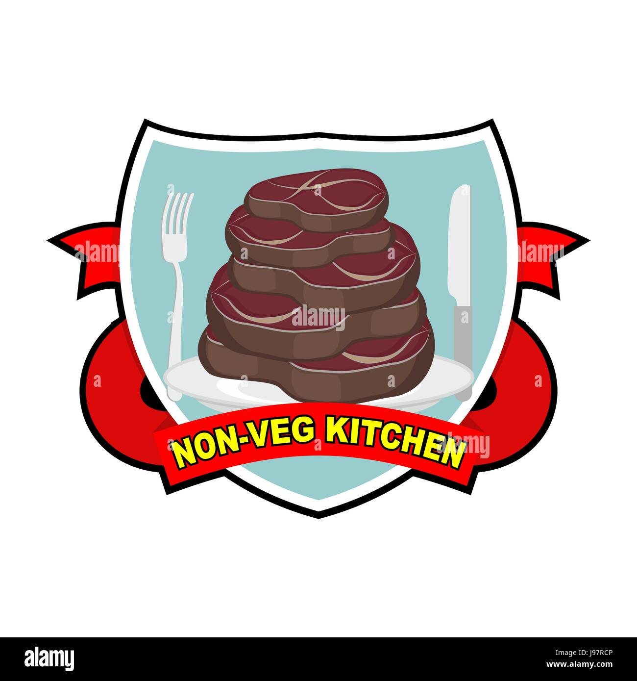Piece of roasted meat steak. Logo for cafe or restaurant serving meat ...