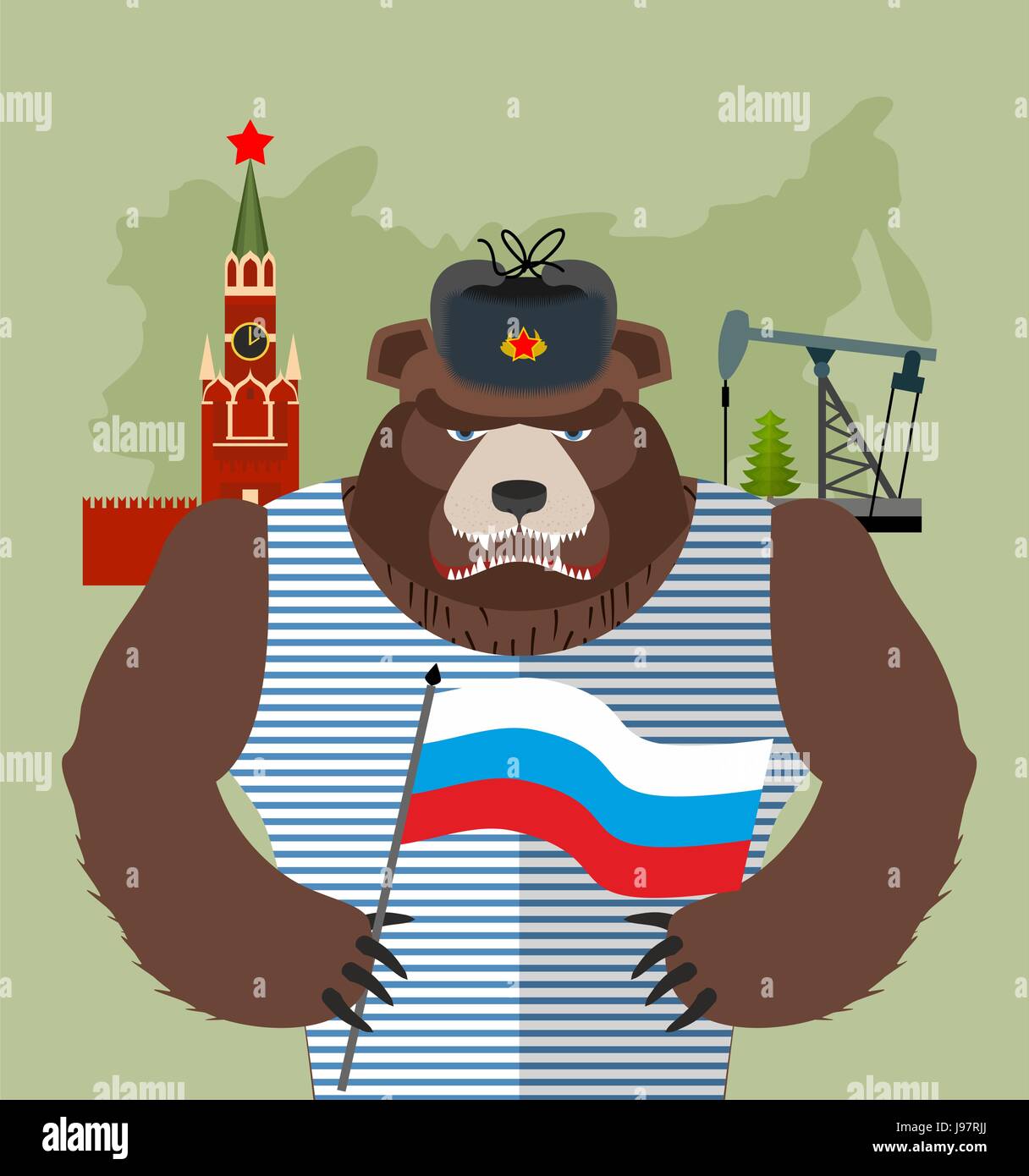 Bear with ear flaps with flag of Russia. Background of Moscow Kremlin ...
