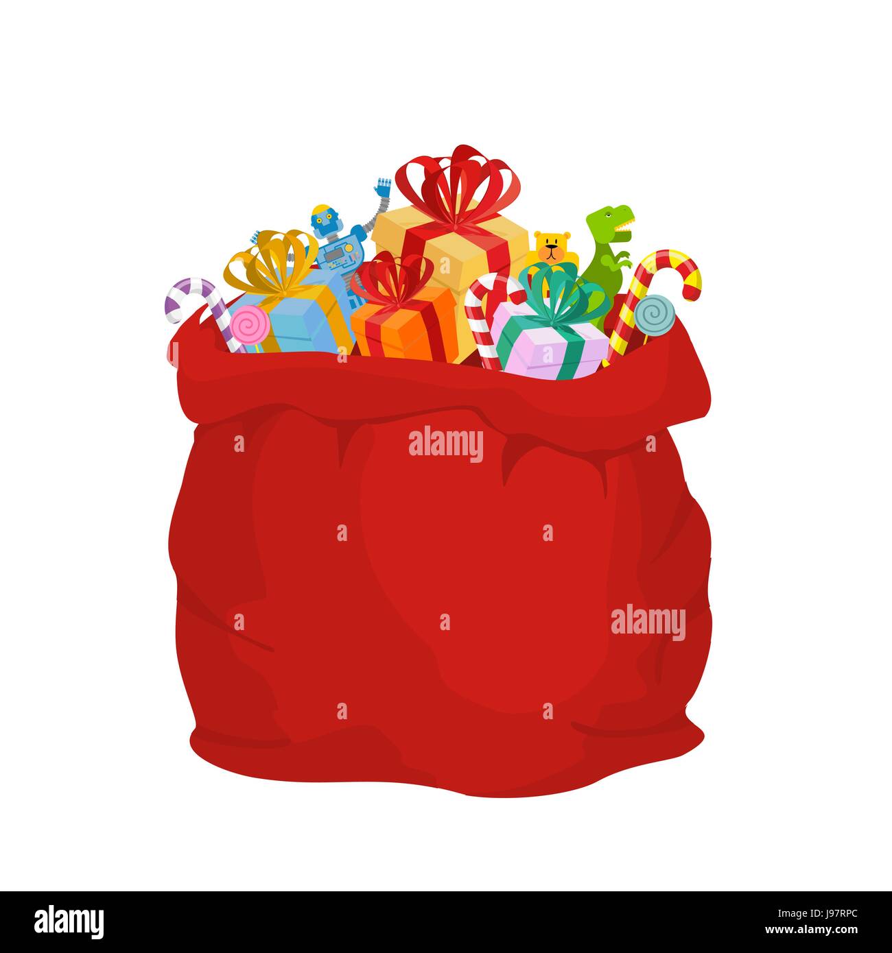Bag with gifts Santa Claus. Big Red festive holiday bag. Many gifts for ...