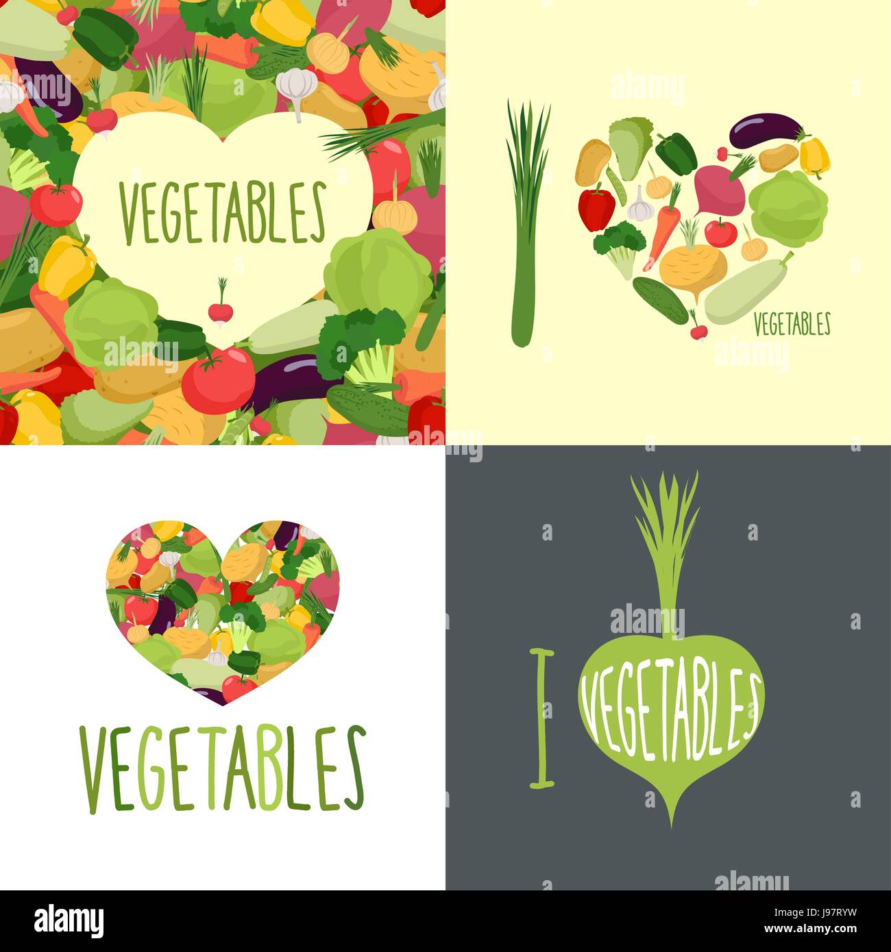I love vegetables. Set of logos for food lovers. Symbol heart of ...