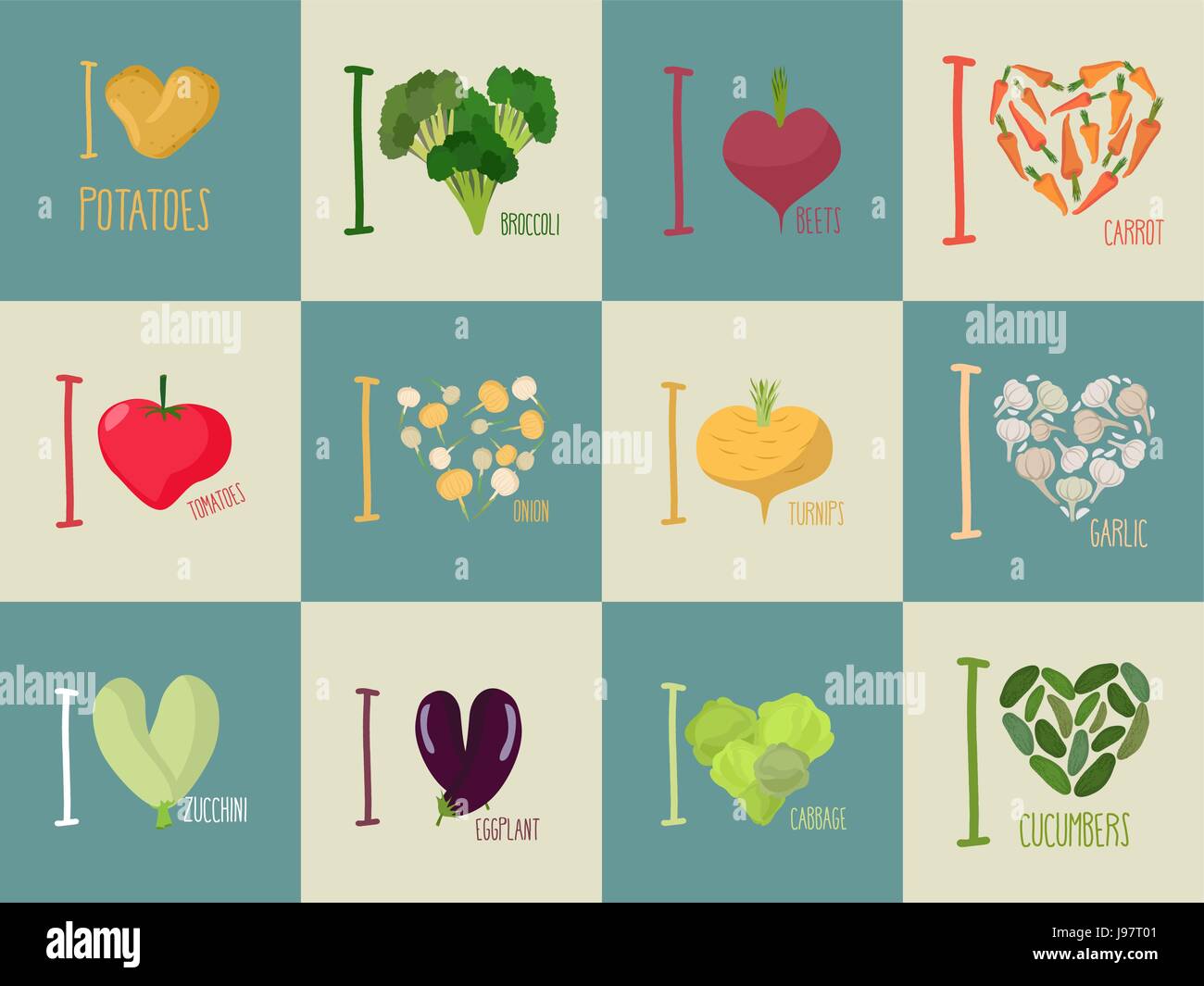Set of I love vegetables: Eggplant and cucumber. Symbol of heart of ...