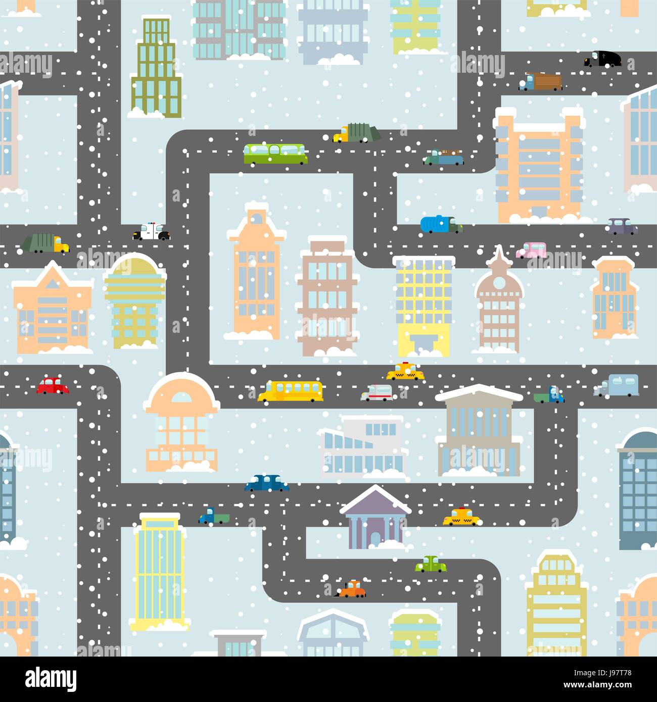 Snowfall in city seamless pattern. Urban map of winter. Background with ...