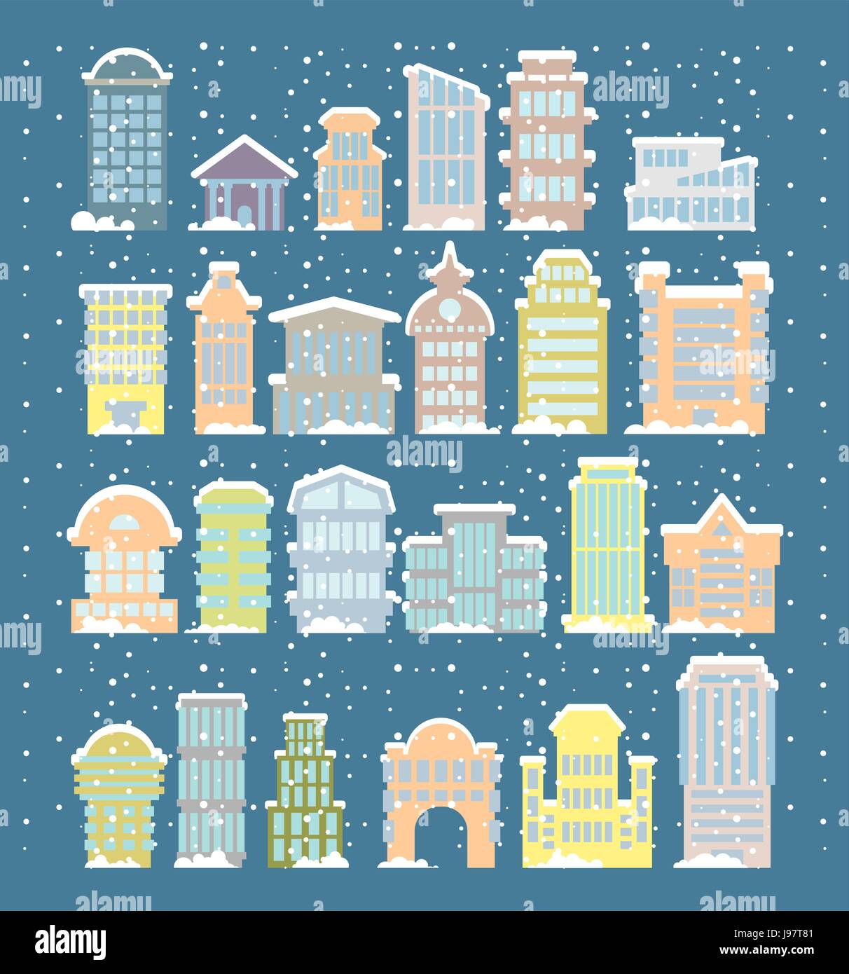 Winter buildings icons. Skyscrapers and towers in snowfall. Snow on ...