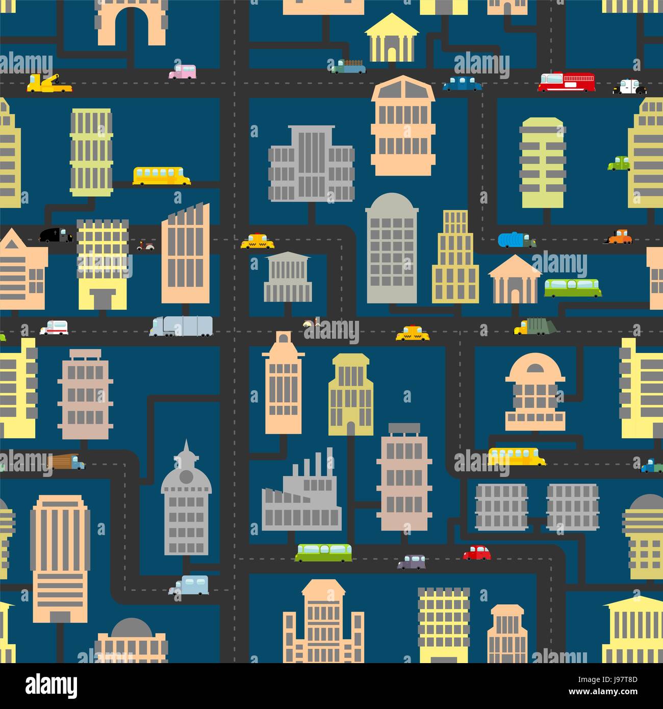 Night city pattern. Skyscrapers and transportation urban seamless ...