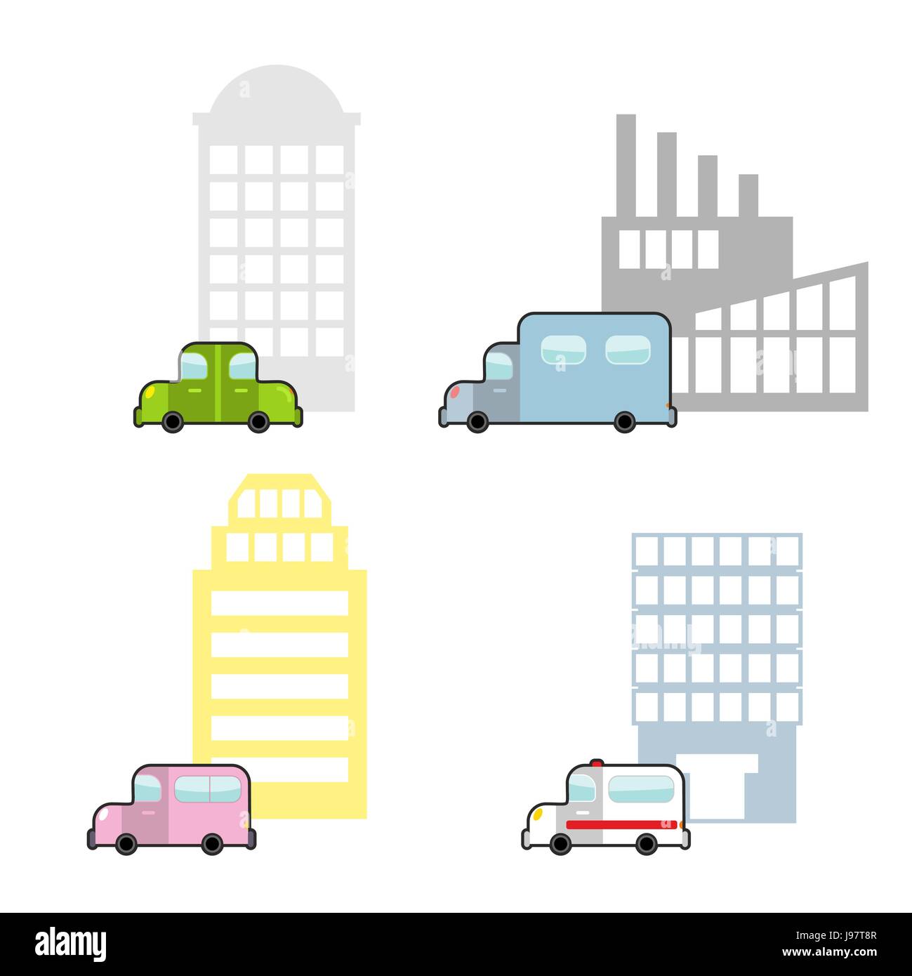 Transport and public buildings set cartoon style. Skyscraper and a car ...