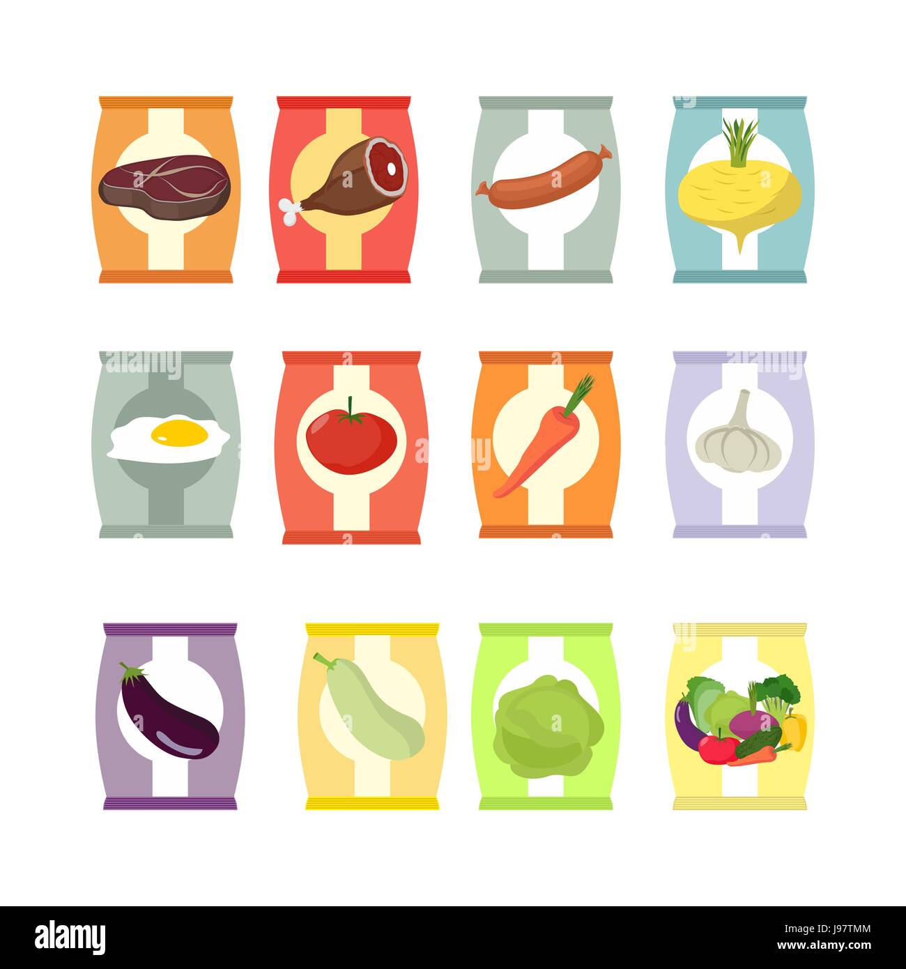 Set of packs of chips. Packaging with different tastes: meat ...