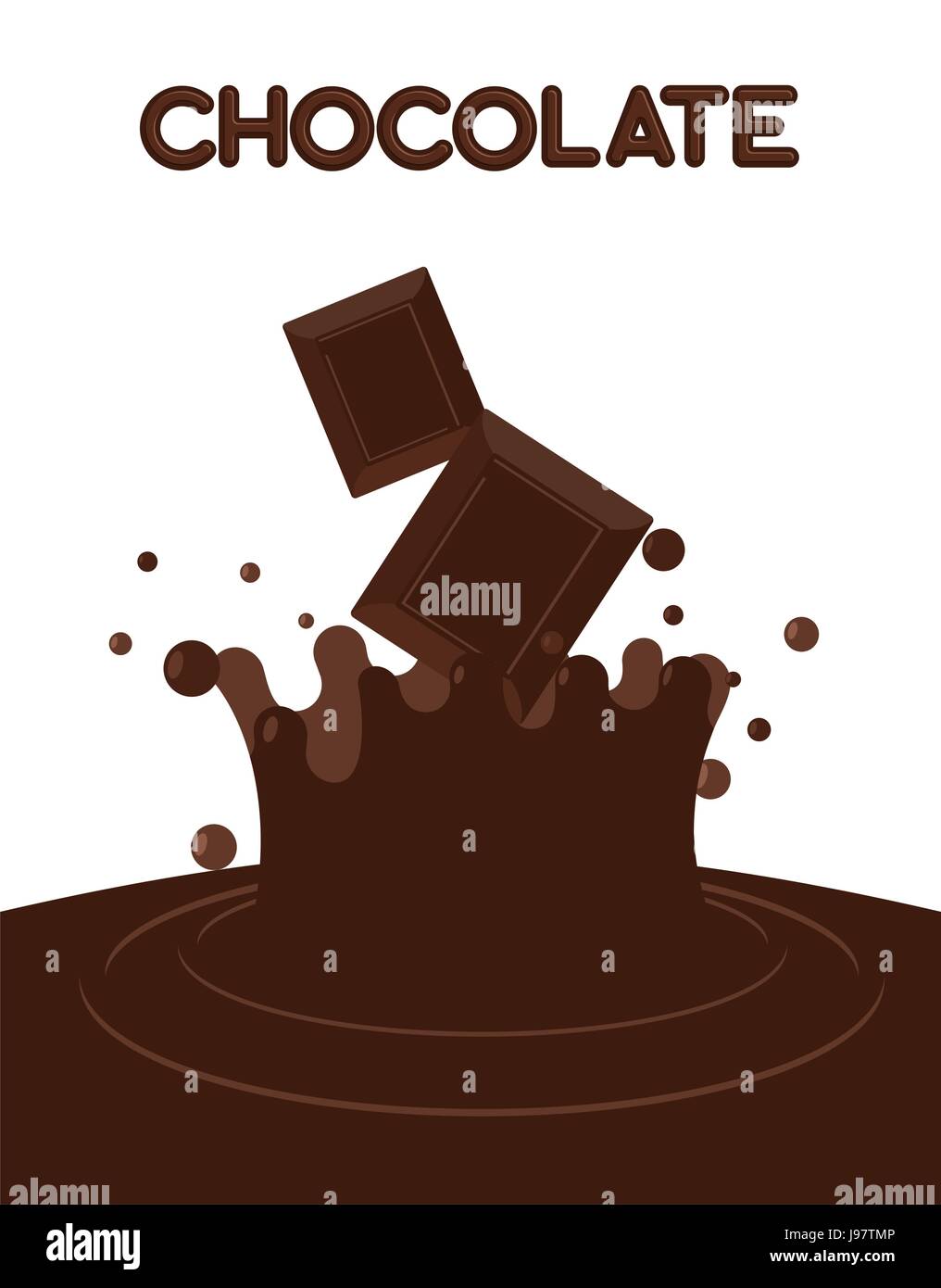 Pieces of chocolate fall into liquid hot chocolate. Splashes of ...