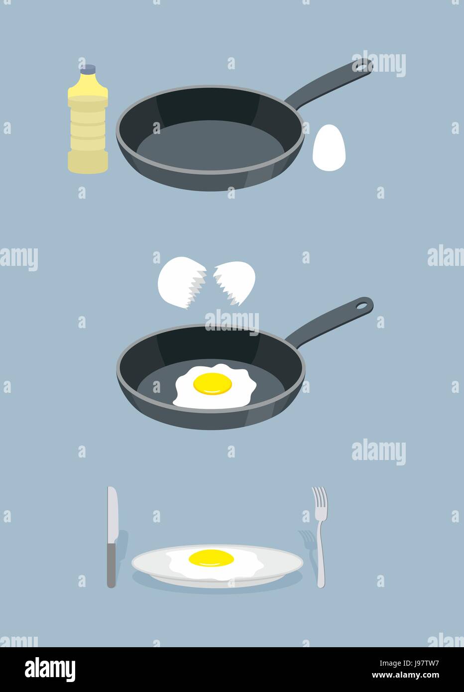 Manual cooking scrambled eggs. Fry omelette. Frying pan and a bottle of ...