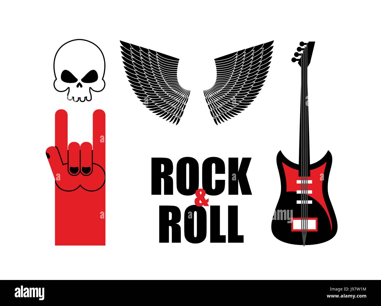 Set symbol rock music . Skull and wings, guitar and rock hand sign ...