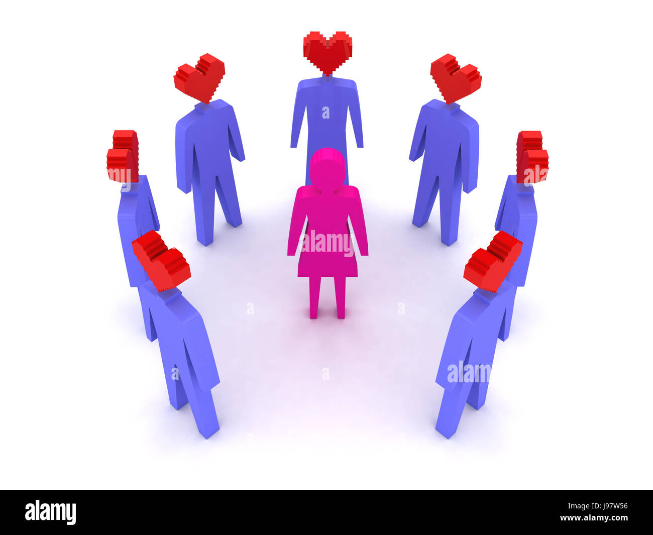 A woman surrounded by men in love. Concept 3D illustration Stock Photo ...