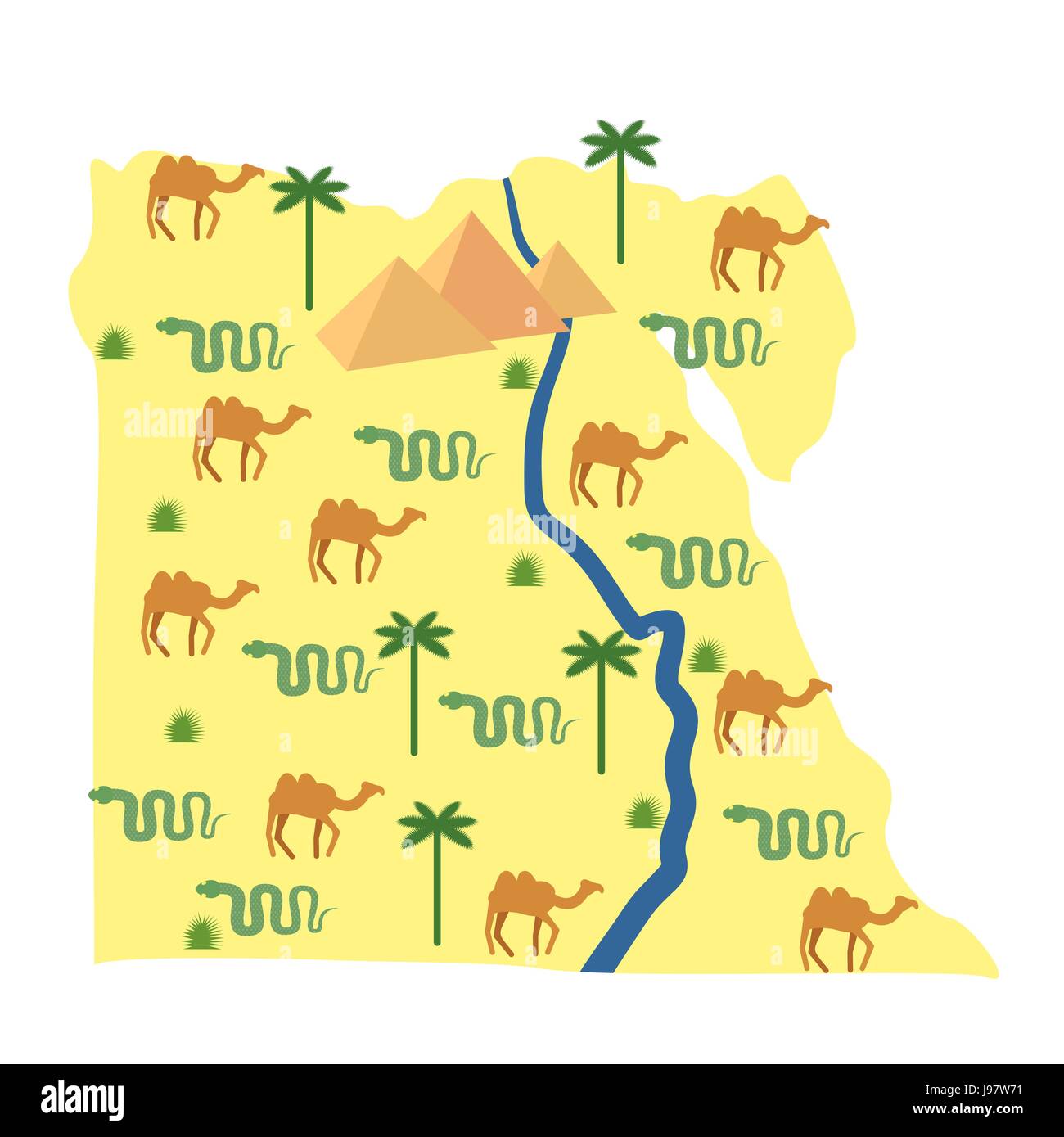Egypt map. Characters and attractions of Egypt: pyramids and camels ...