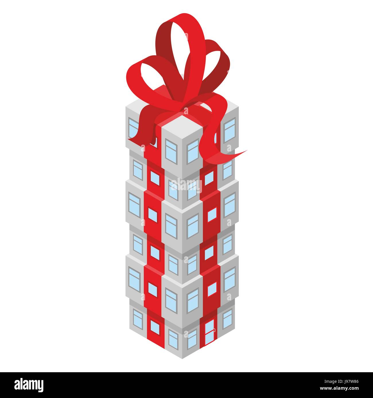 Gift building with red bow. Office building decorated with Red Ribbon ...