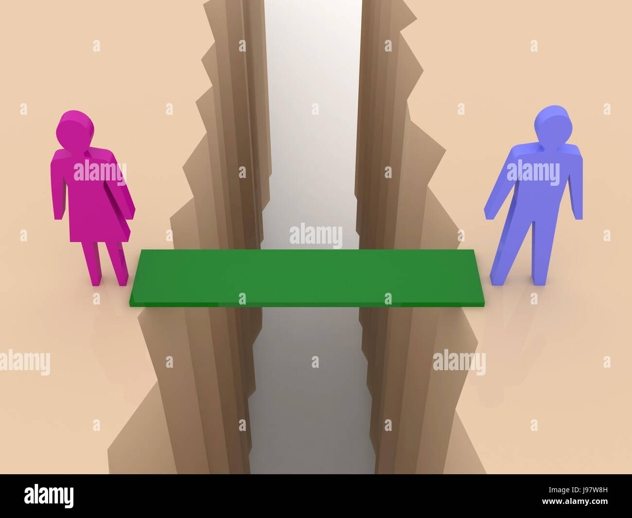 Man and woman split on sides, bridge through separation crack. Concept ...