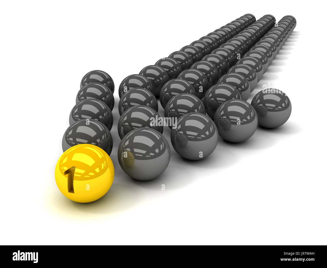 Grey arrow of the balls with the gold leader in front. Concept 3D ...