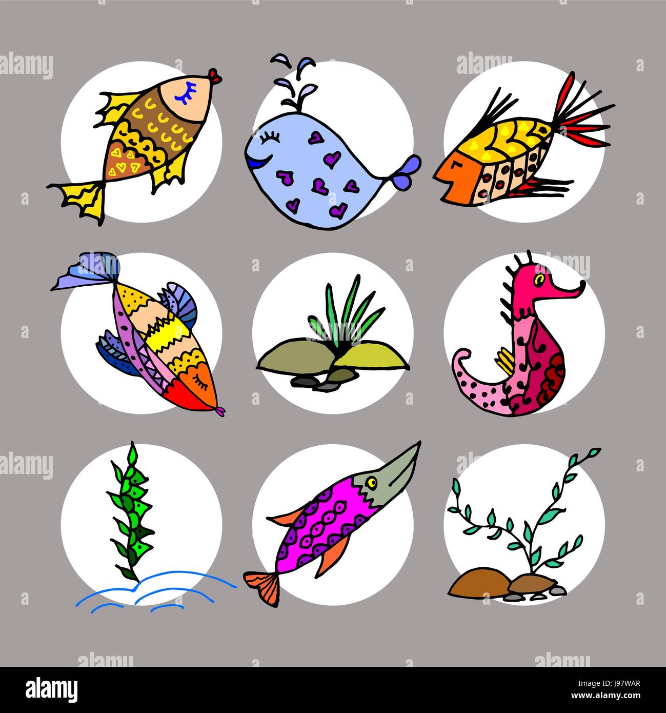 Cartoon fish, illustration of various marine animals, fish, whale ...