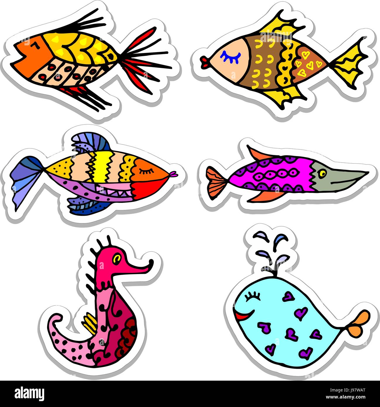Cartoon fish, illustration of various marine animals, fish, whale ...