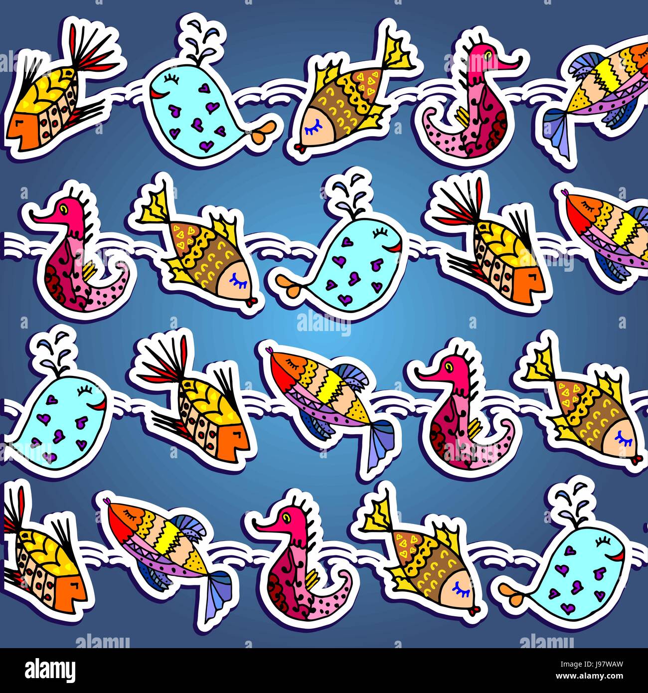 Cartoon fish, illustration of various marine animals, fish, whale ...