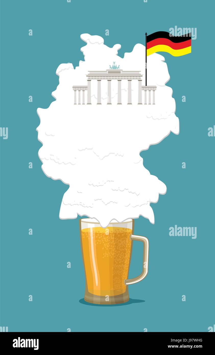 Beer with foam silhouette German map. Brandenburg Gate and flag of ...