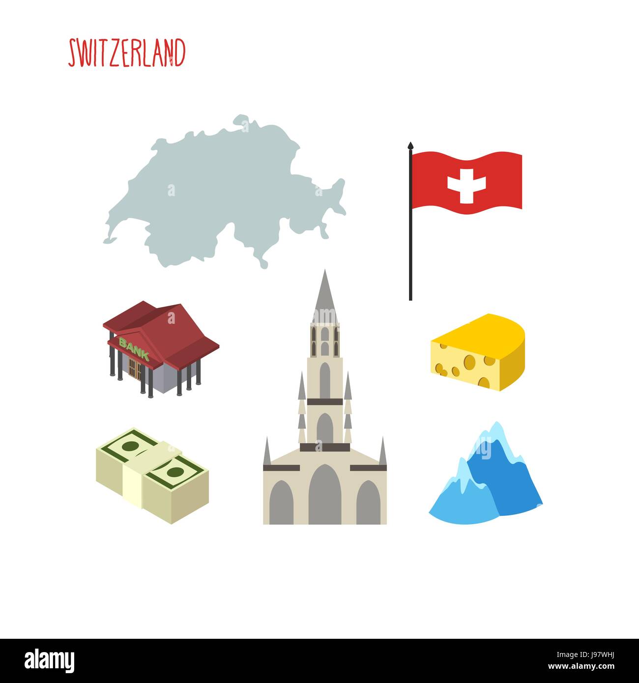 Set of icons for Switzerland. Map and flag of country. Berne Cathedral ...