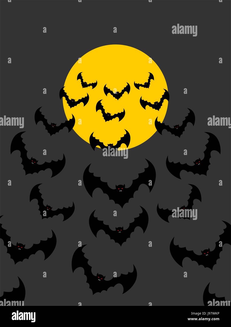 Flying vampires against background of moon. Bunch of scary bats ...