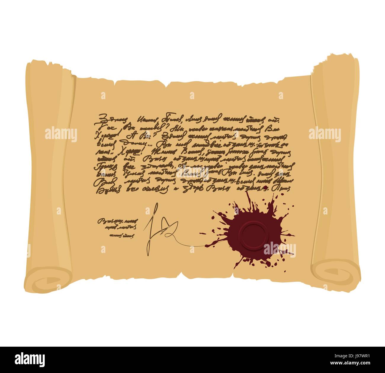 Ancient scroll with seal. Indefinite abstract text in vintage style ...