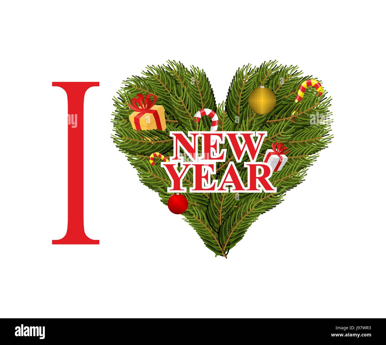 I love new year. Symbol heart of FIR branches and decorations. Mint ...