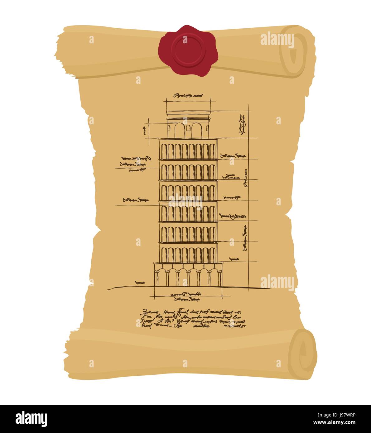 Tower of Pisa Old scroll. Ancient drawing of leaning scheme of ancient ...